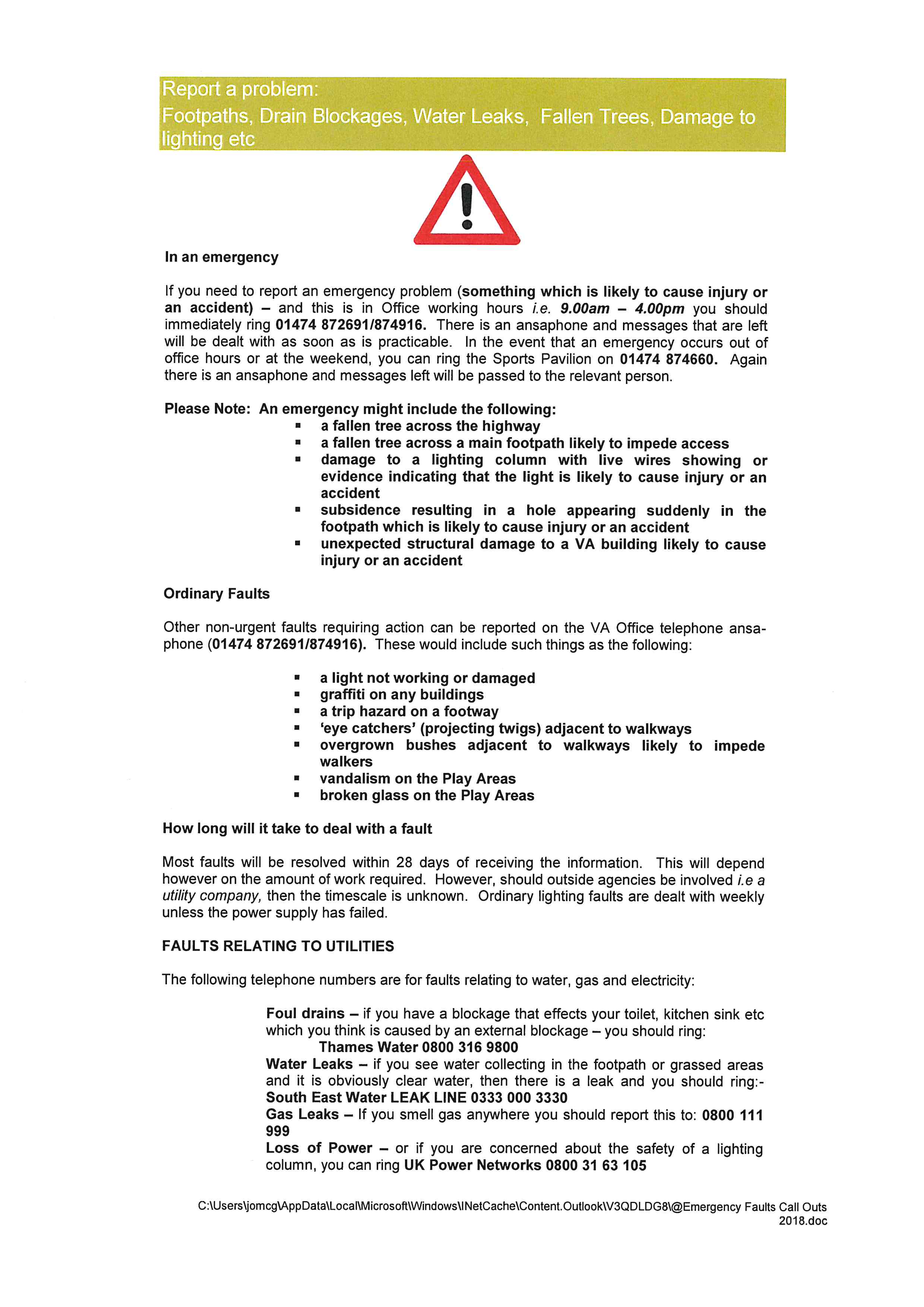 Emergency Call Out Information – New Ash Green